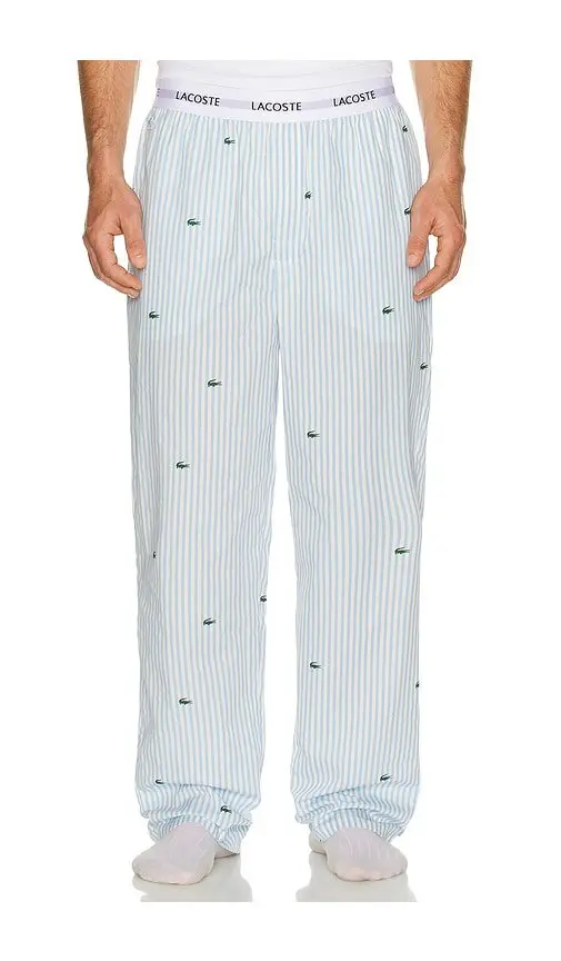 Lacoste Printed Striped Cotton Pajama Bottoms In Blue - Panorama  White  & Green