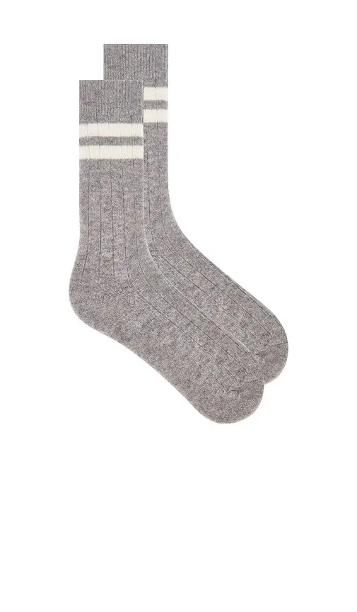 WHITE & WARREN Cashmere Ribbed Striped Socks - Gray & Cream