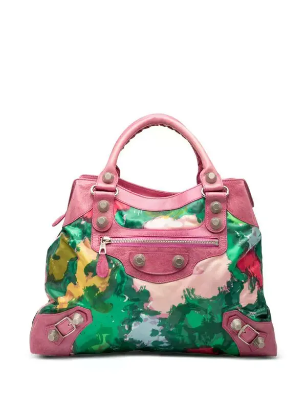 Balenciaga Lambskin And Satin Floral Print Motocross Giant 21 Brief Satchel - Pink