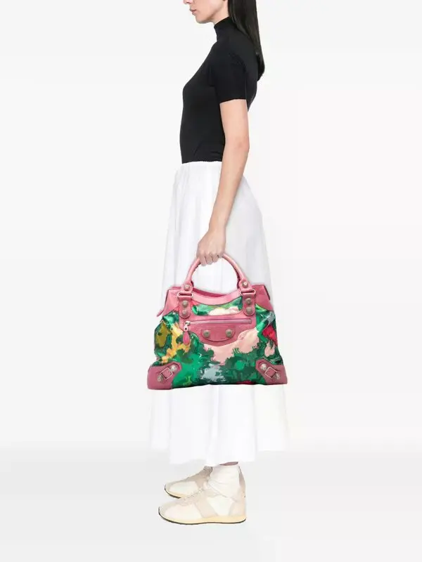 Balenciaga Lambskin And Satin Floral Print Motocross Giant 21 Brief Satchel - Pink
