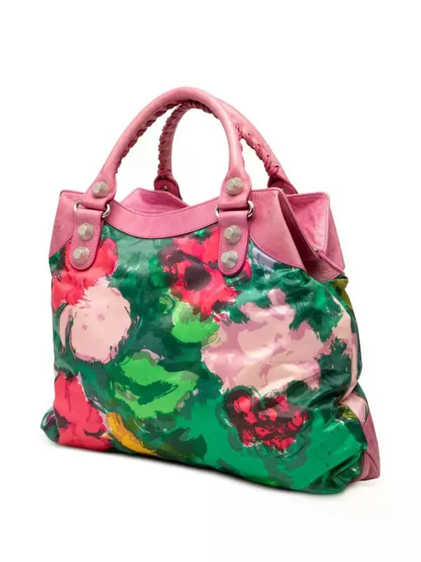 Balenciaga Lambskin And Satin Floral Print Motocross Giant 21 Brief Satchel - Pink