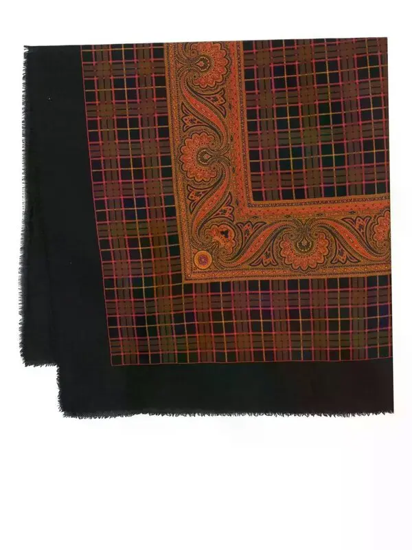 Saint Laurent 1970s Paisley Checkered Scarf - Black