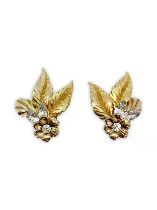 JENNIFER GIBSON JEWELLERY 1950s Crystal Leaf Earrings - Gold