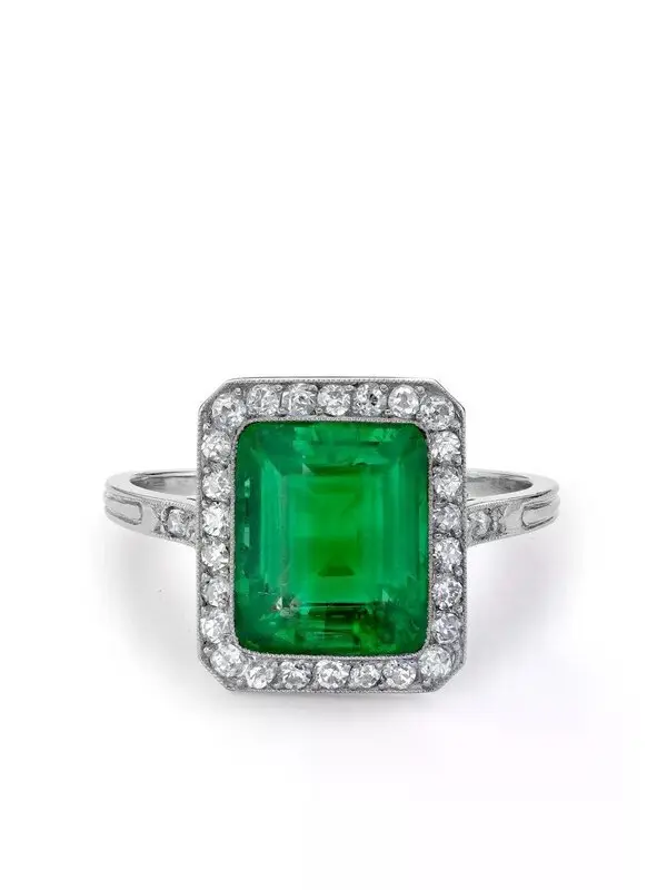 PRAGNELL Platinum Edwardian Colombian Emerald And Diamond Ring - Silver