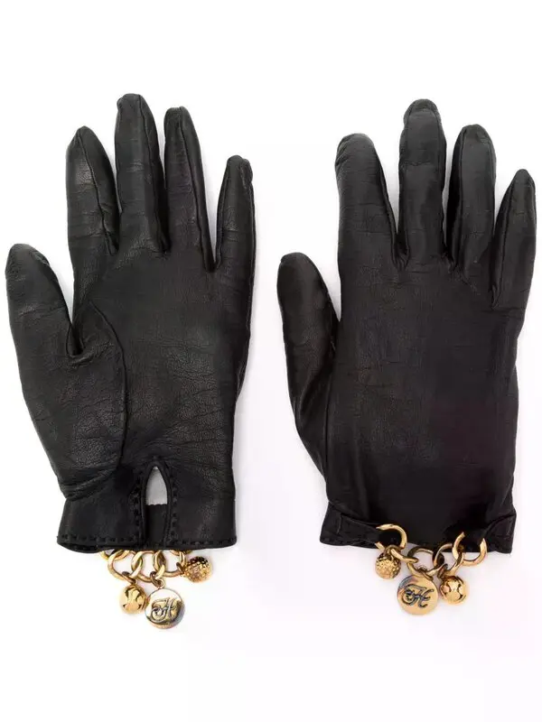 Hermès 1980s Logo-charm Leather Gloves - Black