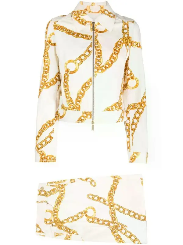 Celine 1990-2000s Chain-link Print Skirt Suit - White