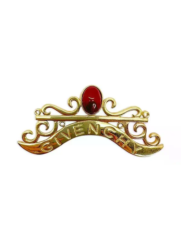 JENNIFER GIBSON JEWELLERY 1980s Cabochon Embellished Logo Brooch - Gold