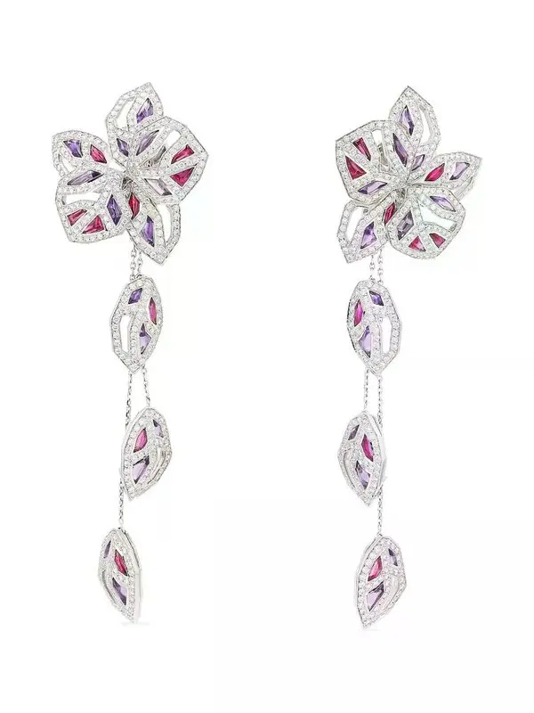 CARTIER 18kt White Gold Orchid Earrings With Diamonds, Ruby, And Amethyst - Silver