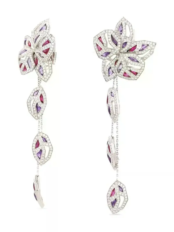 Cartier 18kt White Gold Diamond, Ruby, And Amethyst Orchid Drop Earrings