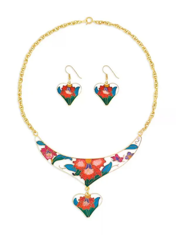 SUSAN CAPLAN 1980s Heart-charm Cloisonné Necklace And Earrings Set - Gold