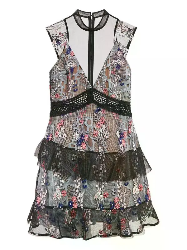 Self-Portrait Floral-Embroidered Tulle Midi Dress - Black