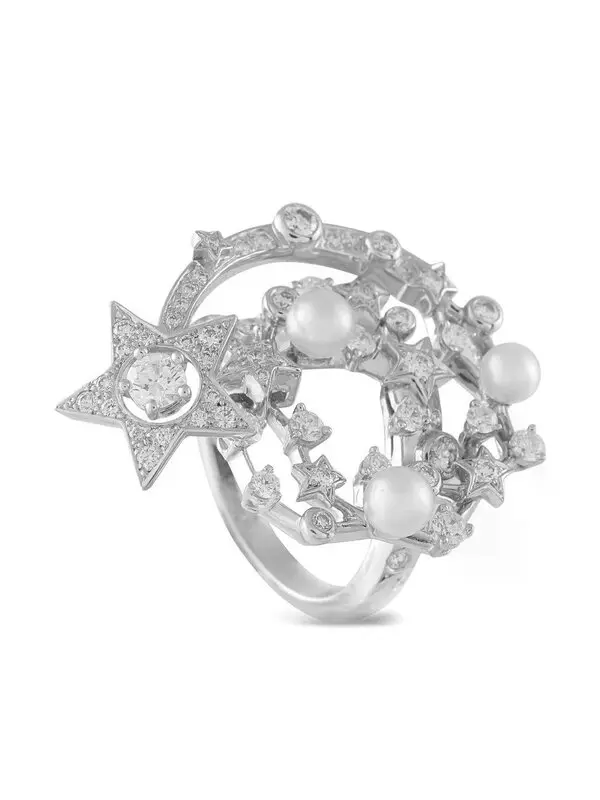 Chanel 18k White Gold Comete Diamond Pearl Ring