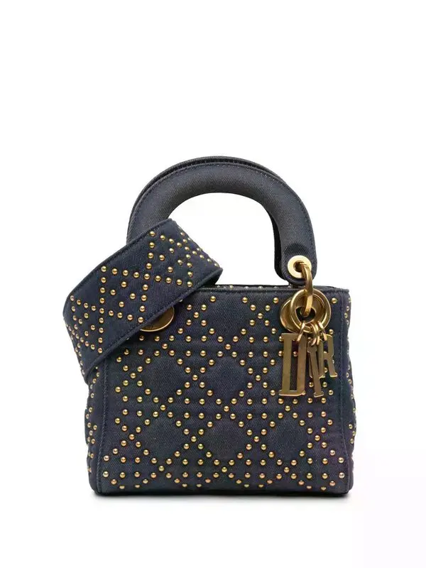 Dior 2017 Mini Denim Cannage Studded Supple Lady Satchel - Blue