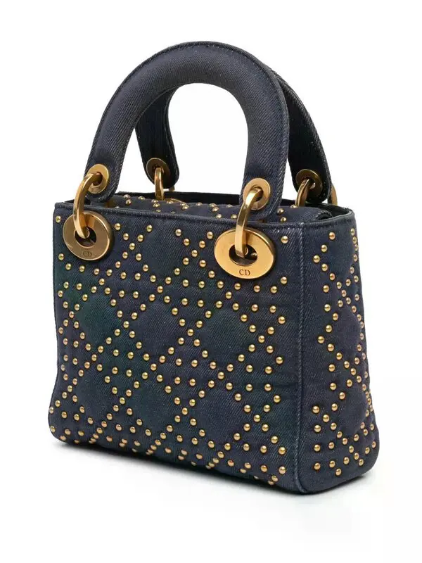 Dior 2017 Mini Denim Cannage Studded Supple Lady Satchel - Blue