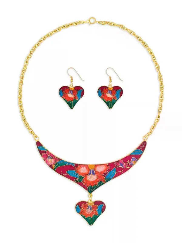 SUSAN CAPLAN 1980s Cloisonné Heart Necklace And Earrings Set - Gold