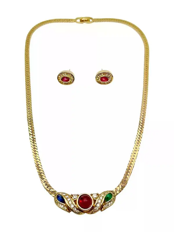 Dior 1980s Herringbone Chain Necklace And Earring Set - Gold