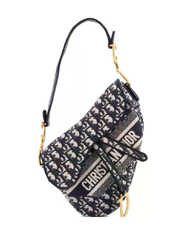 Dior Saddle Handbag Logo Embroidered Oblique Canvas Medium Shoulder Bag - Blue