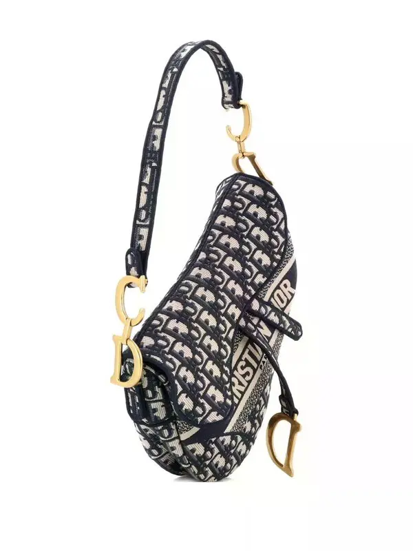 Dior Saddle Handbag Logo Embroidered Oblique Canvas Medium Shoulder Bag - Blue