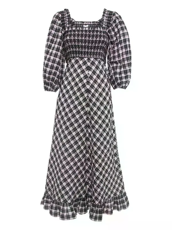 GANNI Smocked Plaid Midi Dress