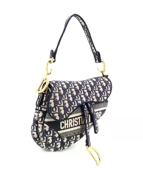 Dior Saddle Handbag Logo Embroidered Oblique Canvas Shoulder Bag - Blue