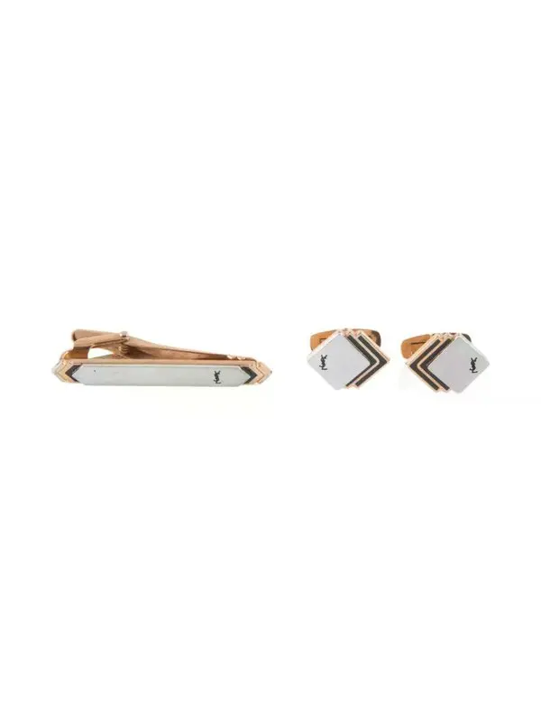 Saint Laurent 1990s Cassandre Logo Cufflinks And Tie Clip Set - Gold