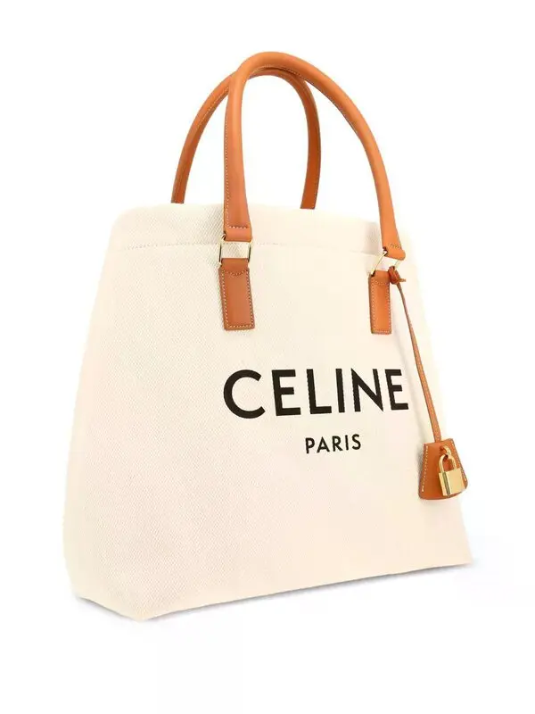 Celine Logo Print Leather Trimmed Tote Bag