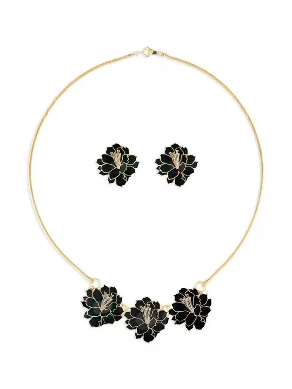 SUSAN CAPLAN 1980s Cloisonné Flower Necklace And Earrings Set - Gold