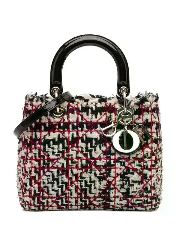 Dior 2011 Medium Tweed Cannage Fringe Lady Satchel - Black