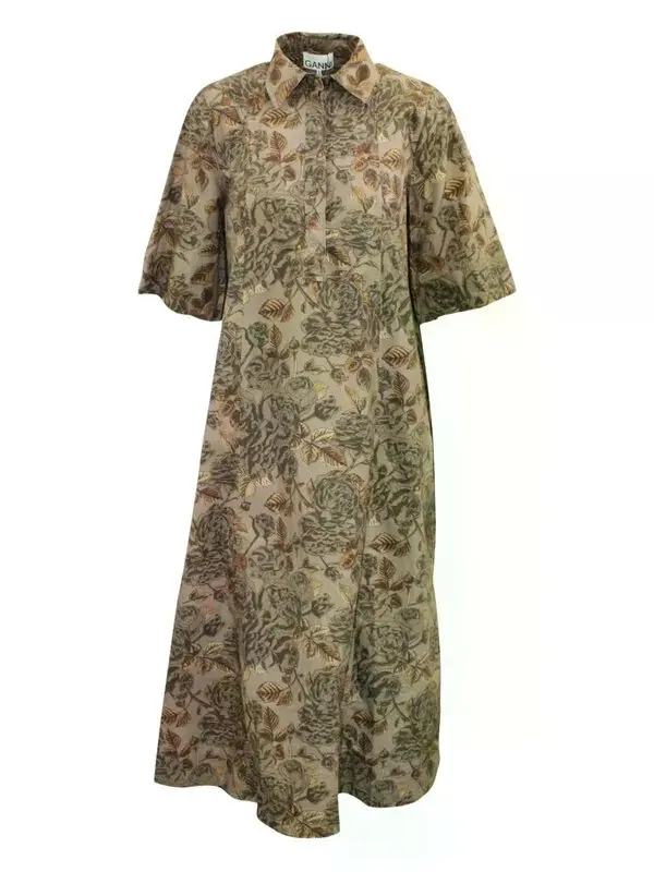 GANNI Floral Print Cotton Shirt Dress - Brown