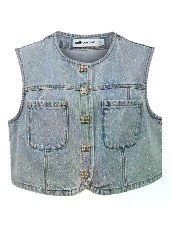 SELF-PORTRAIT Rhinestone Button-up Denim Top