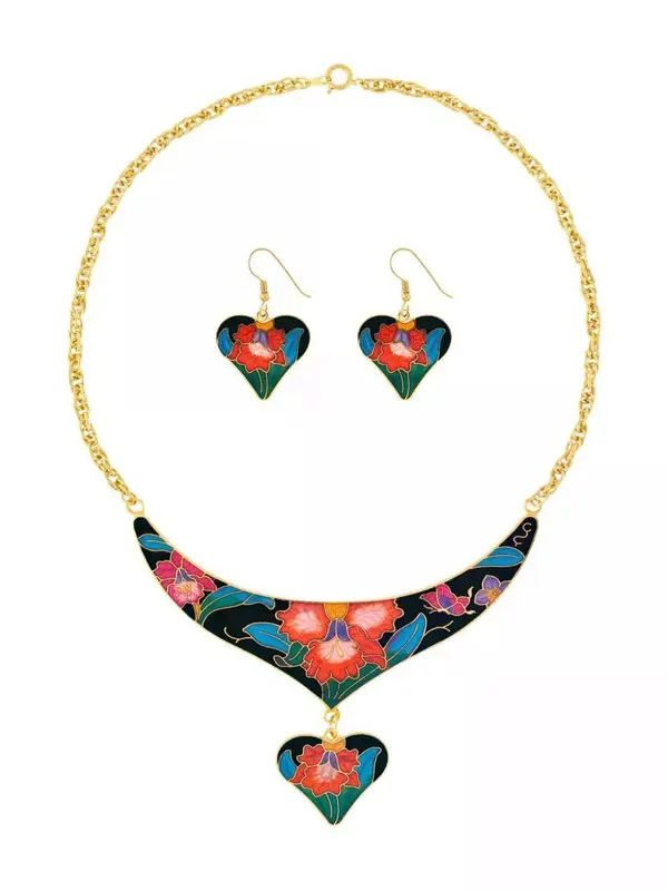 SUSAN CAPLAN 1980s Heart-charm Cloisonné Necklace And Earrings Set - Gold