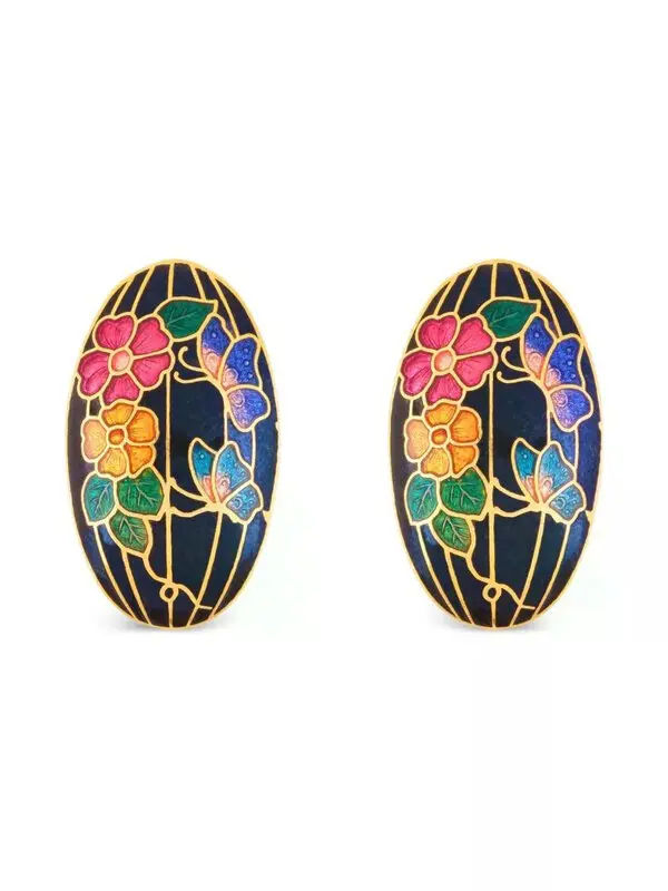 SUSAN CAPLAN 1980s Floral-motif Cloisonné Clip-on Earrings - Gold