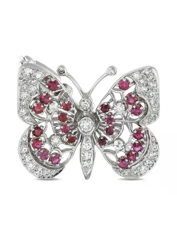 LB EXCLUSIVE 14k White Gold Butterfly Diamond And Ruby Brooch - Silver