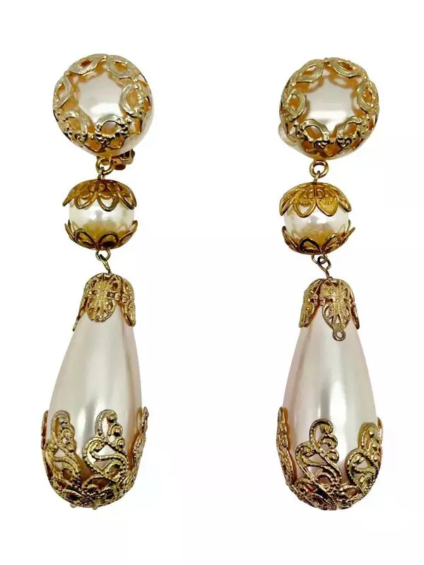 JENNIFER GIBSON JEWELLERY 1980s Filigree-overlay Pearl Earrings - Gold