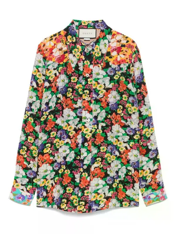 Gucci 2010s Floral Print Silk Georgette Crepe Shirt - Black