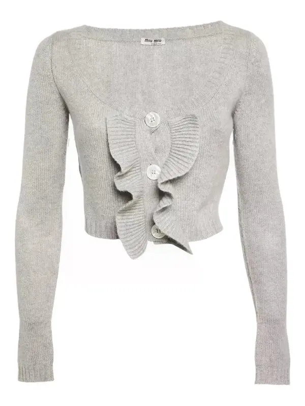 Miu Miu Ruffled Ribbed-knit Cardigan - Grey