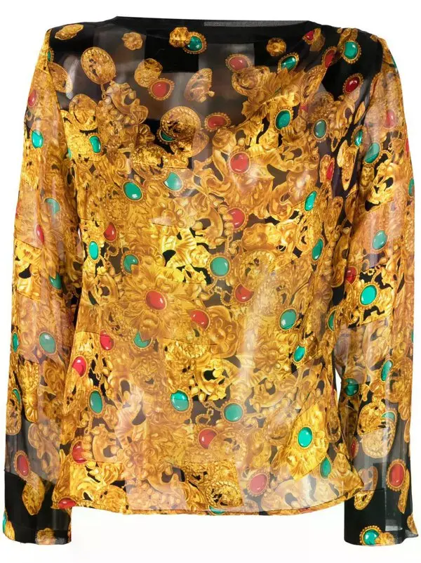 Saint Laurent 1980s Jewellery Print Silk Blouse - Gold