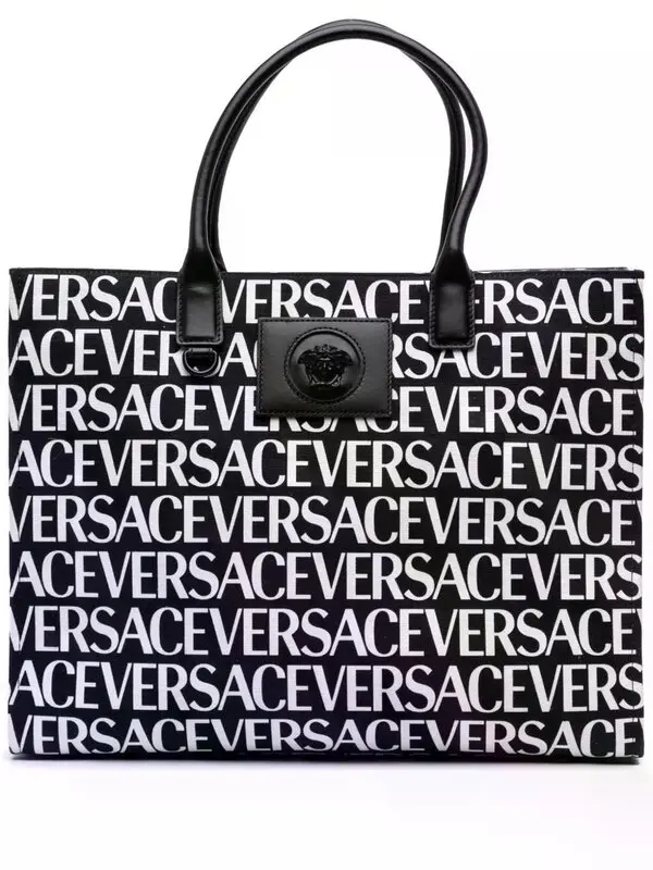 Versace Canvas Logo Print Tote Bag - Black