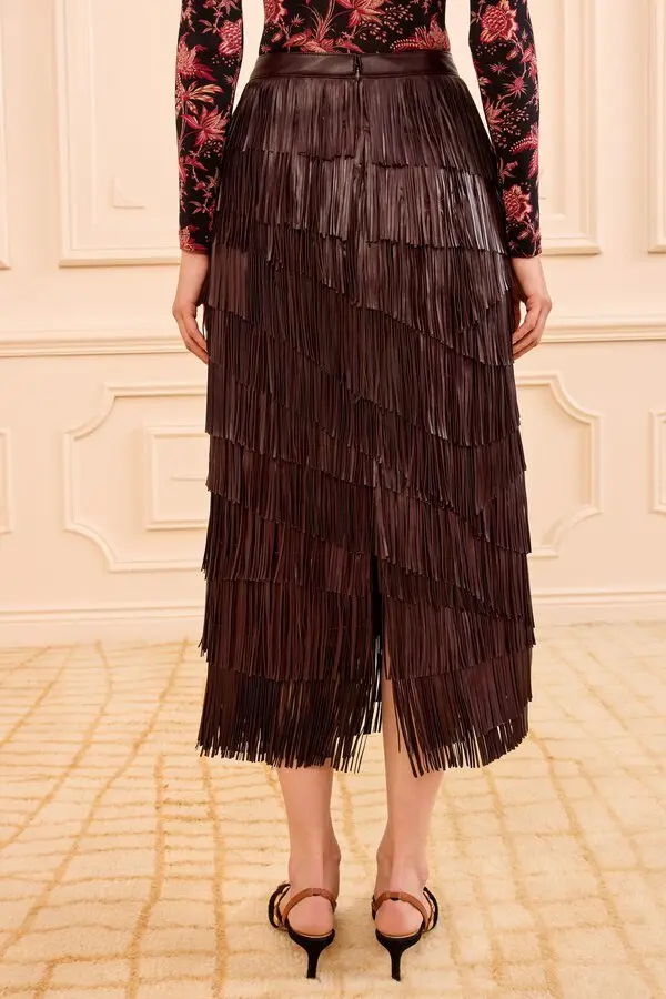 Ulla Johnson Therese Fringe Leather Skirt - Mahogany