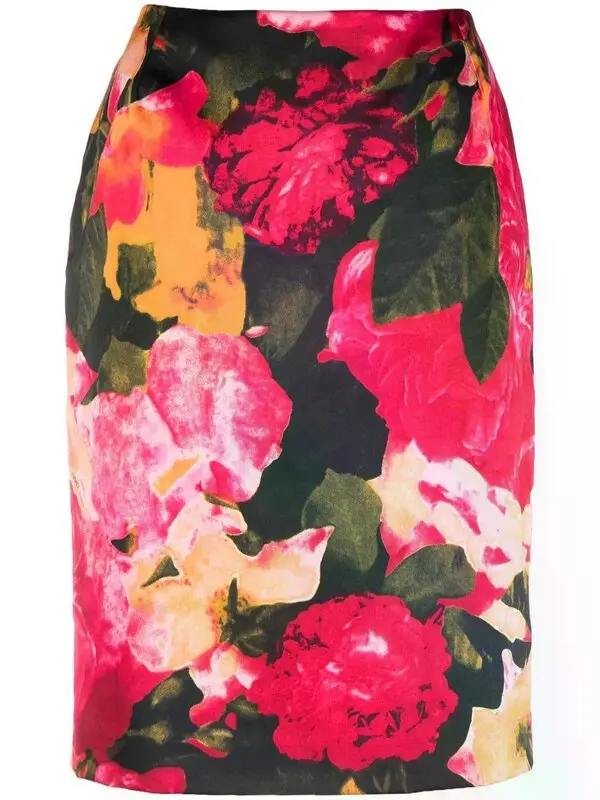Versace 2000s Rose Print Pencil Skirt - Pink