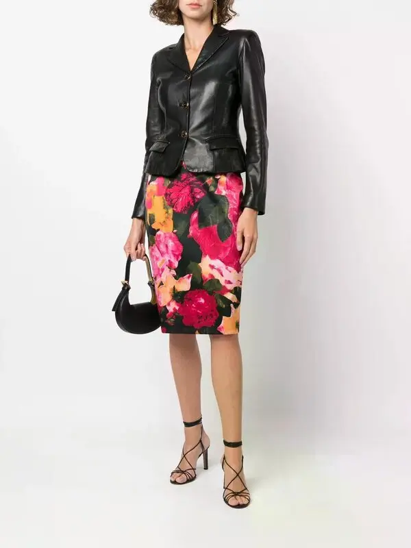 Versace 2000s Rose Print Pencil Skirt - Pink