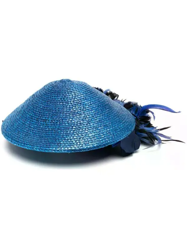 Saint Laurent Pre-owned 1970s Feather-detailing Woven Hat - Blue