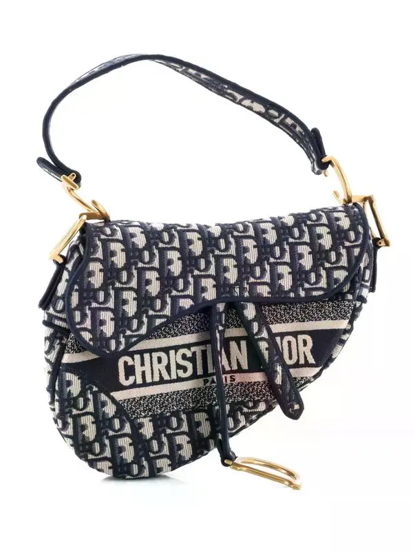 Dior Saddle Handbag Logo Embroidered Oblique Canvas Medium Shoulder Bag - Blue