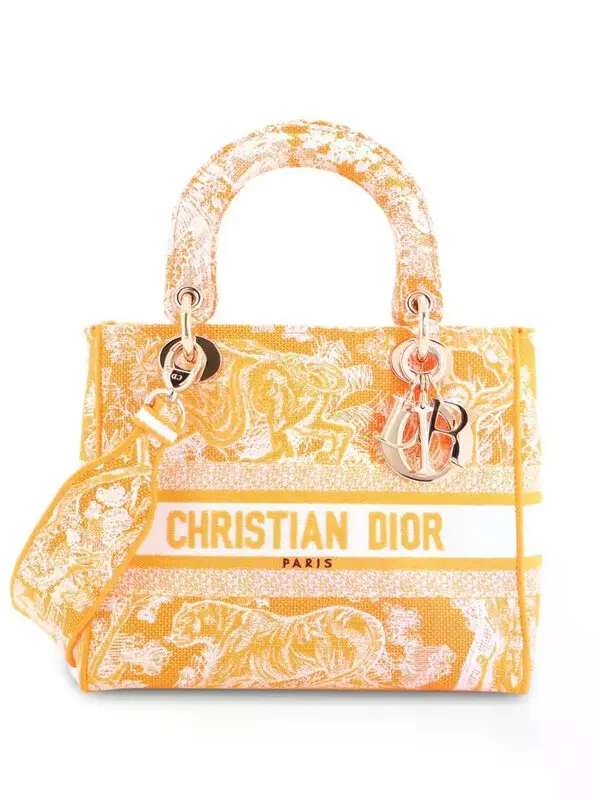 Dior Toile De Jouy Lady D-lite Embroidered Canvas Tote Bag - Orange