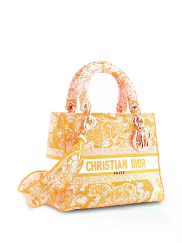 Dior Toile De Jouy Lady D-lite Embroidered Canvas Tote Bag - Orange