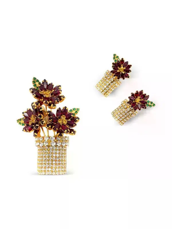 JENNIFER GIBSON JEWELLERY 1980s X Vasari Flower Pot Demi-parure Brooch & Earrings - Gold