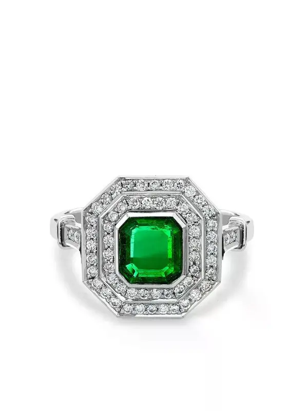 PRAGNELL Platinum Art Deco Emerald And Diamond Target Ring - Silver