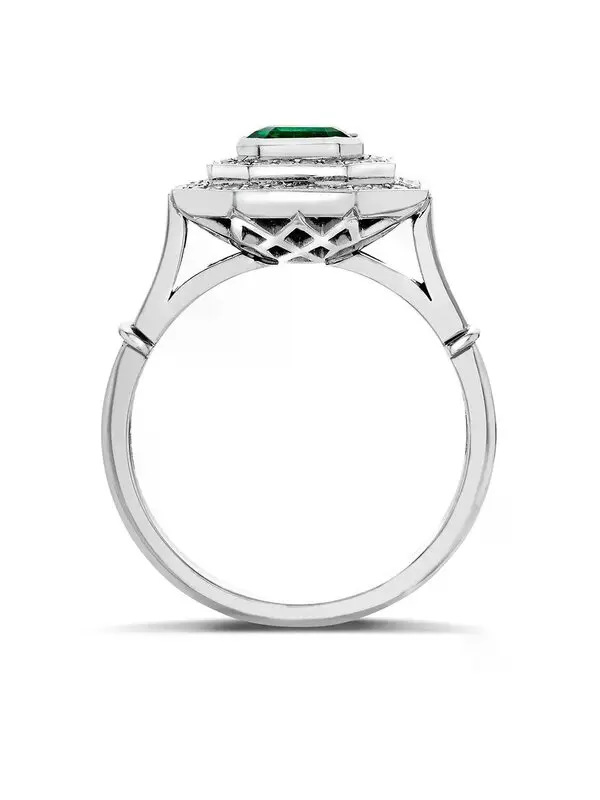 PRAGNELL Platinum Art Deco Emerald And Diamond Target Ring