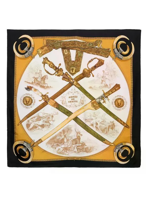 Hermès 1970s Armes De Chasse Silk Scarf - Black