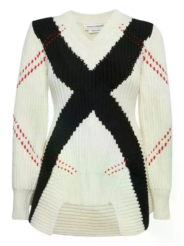 Alexander McQueen Ribbed Contrasting-pattern Sweater - White